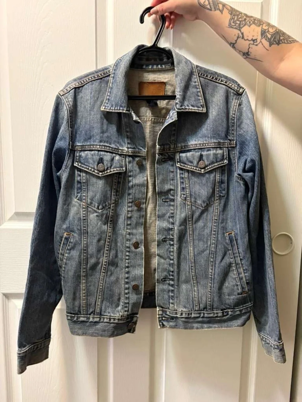 GAP | Jackets & Coats | Gap Light Blue Denim Jacket With Tan Leather ...